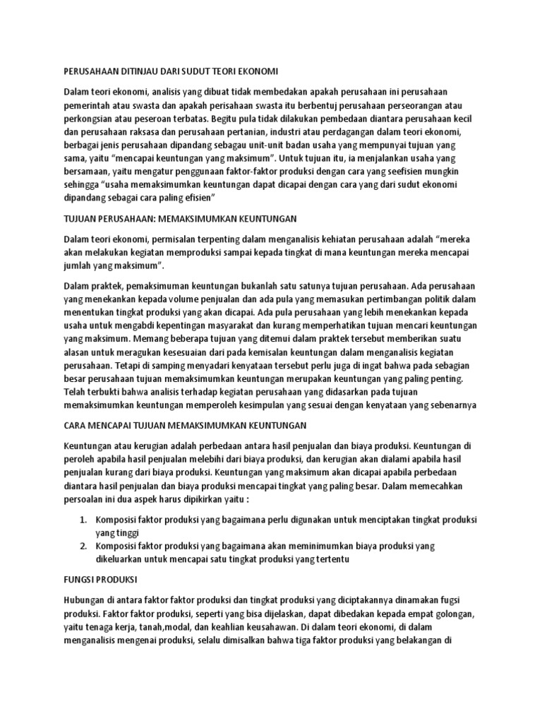 PERUSAHAAN DITINJAU DARI SUDUT TEORI EKONOMI Taufik Nur Hidayat | PDF