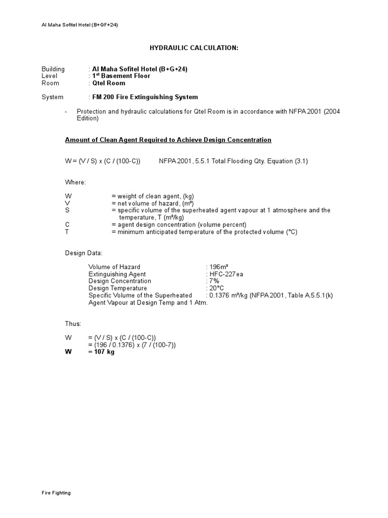 FM 200 Hydraulic Calculation Qtel Room | PDF