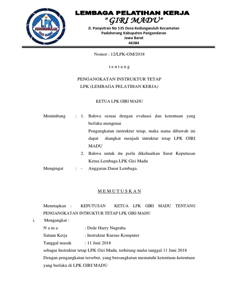 SK Pengangkatan Instruktur LPK Giri Madu 2018 | PDF