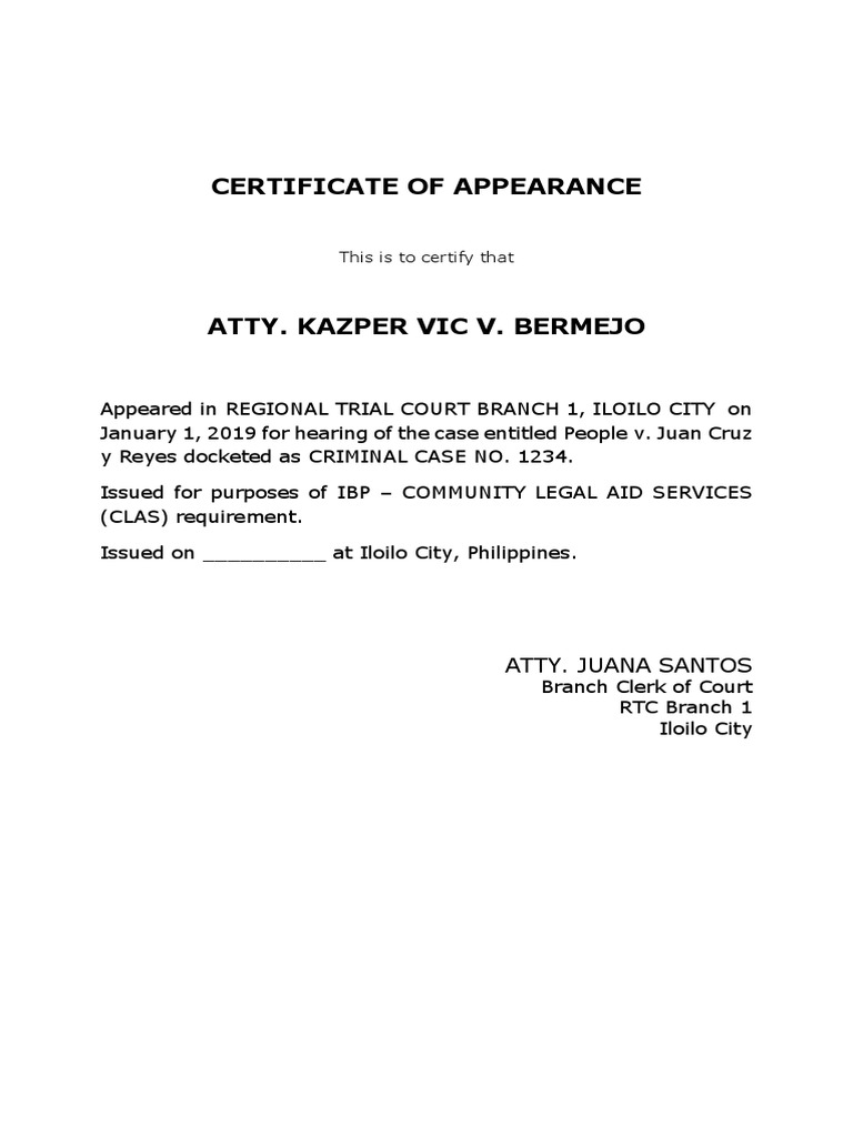 Template Cert of Appearance CLAS | PDF