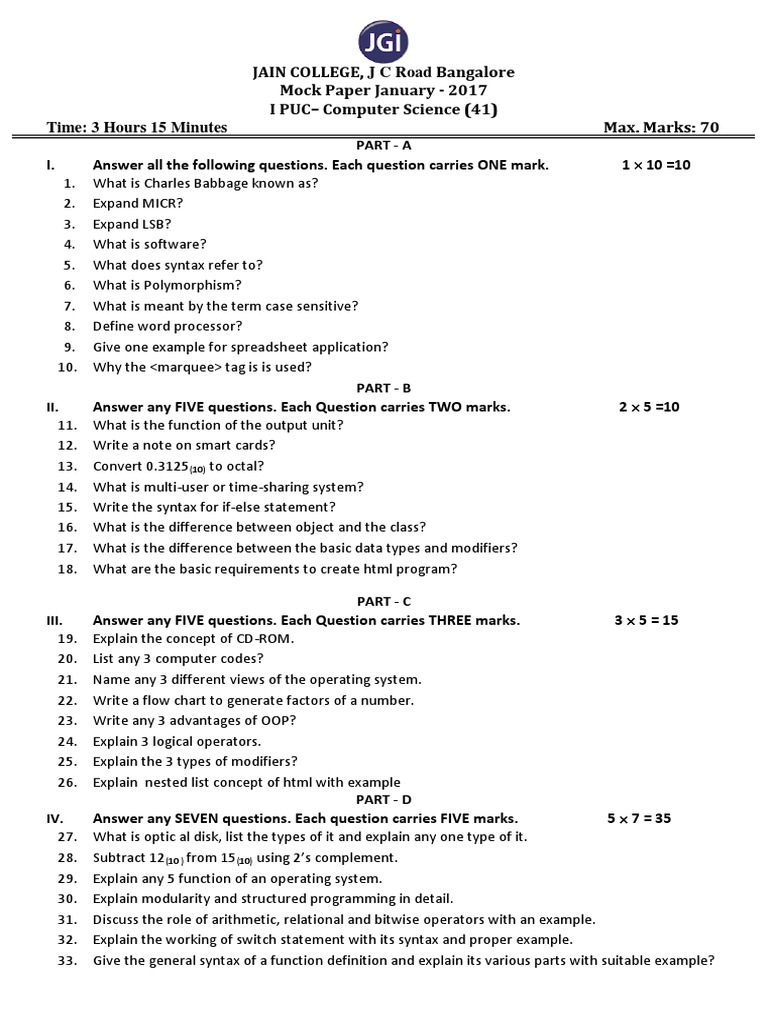 1st PUC Computer Science Mock Paper | PDF | Computer Program | Programming