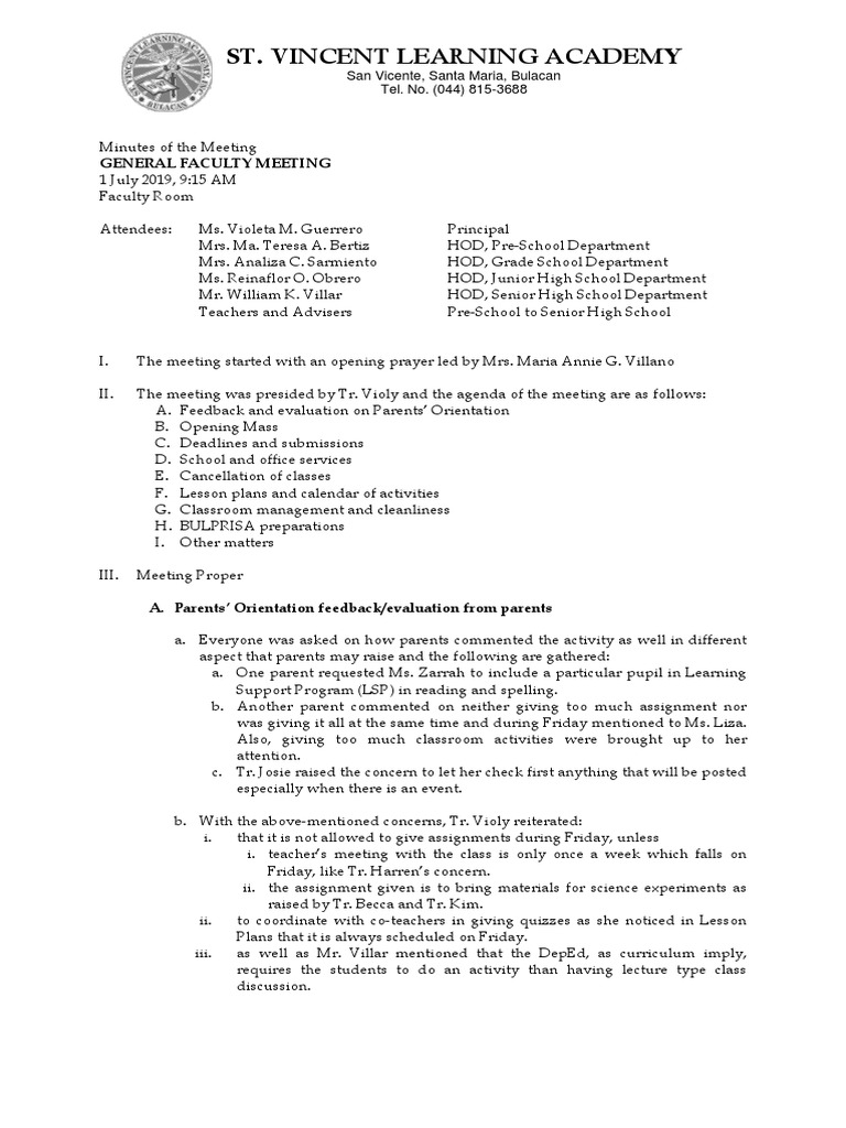 Minutes of The Meeting | PDF | Teachers | Behavior Modification