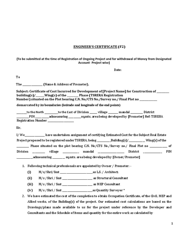 Engineer's Cost Certificate (F2) | PDF | Cost | Surveying