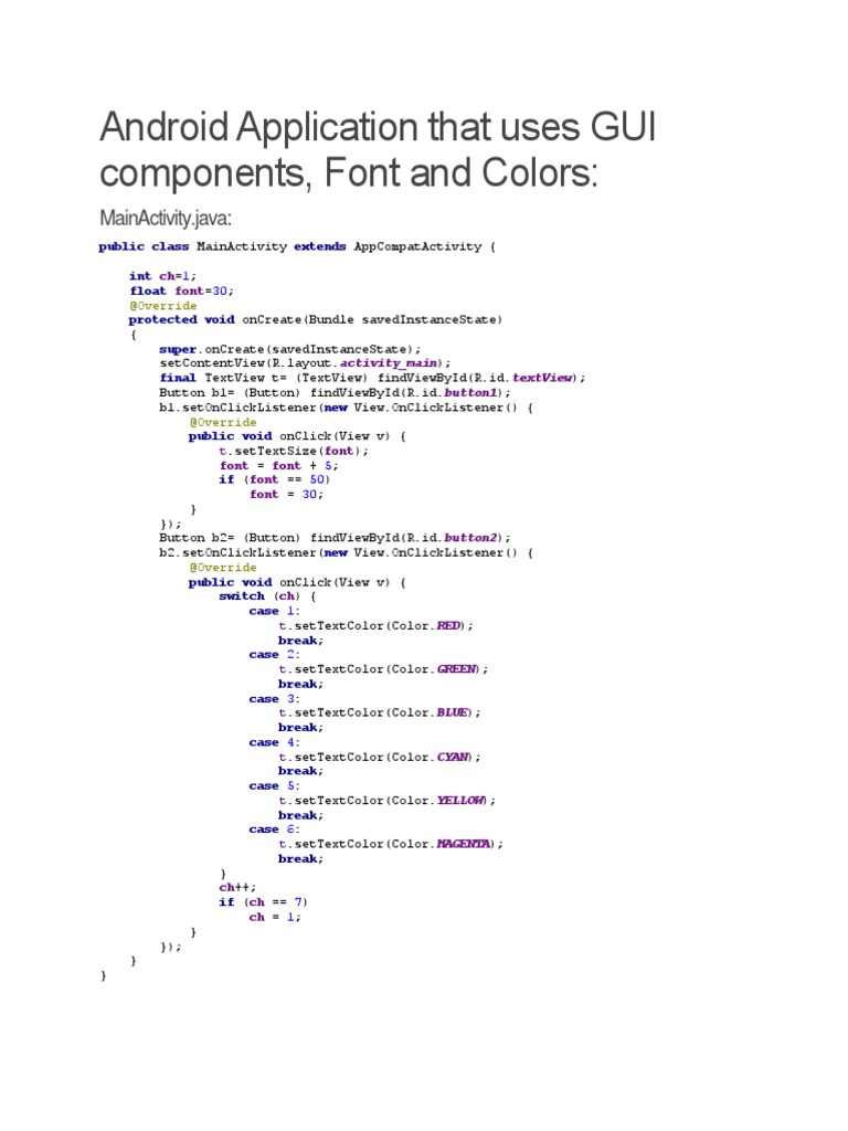 Android Application That Uses GUI Components, Font and Colors | PDF | Color | Areas Of Computer ...