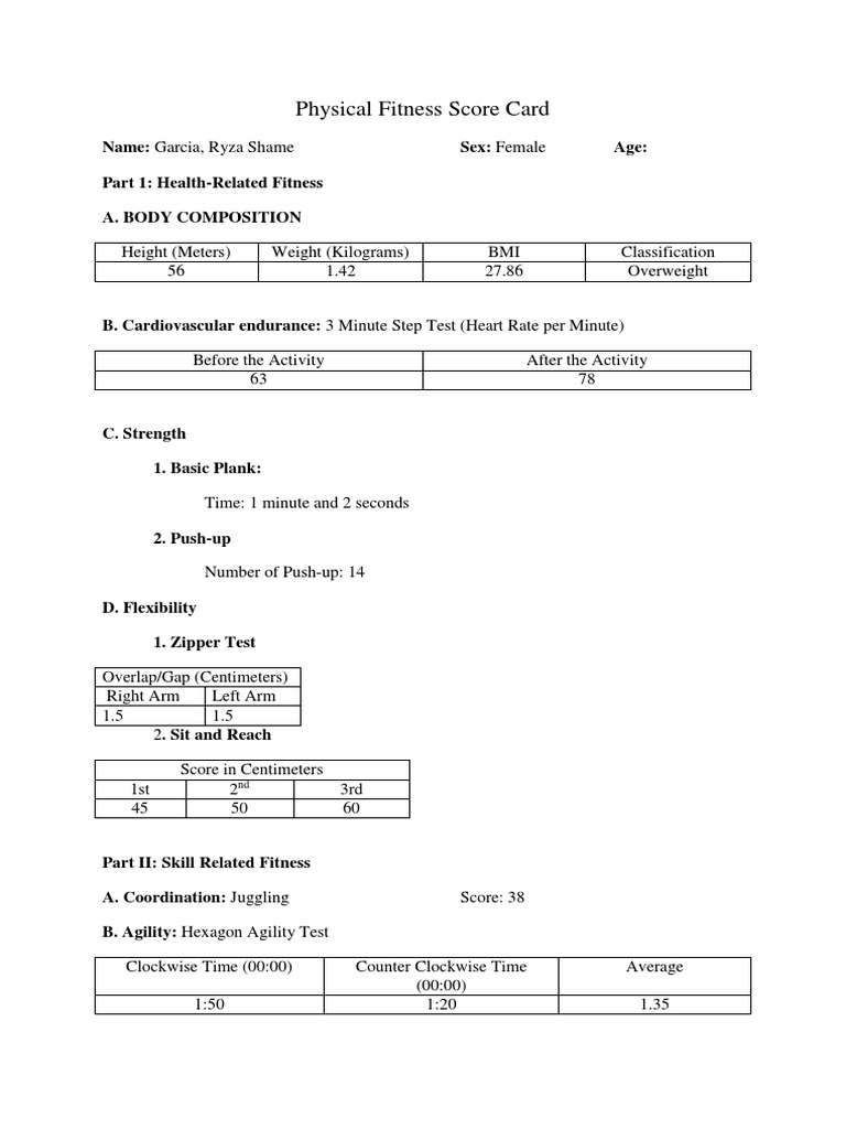 Physical Fitness Score Card | PDF | Body Mass Index | Physical Fitness