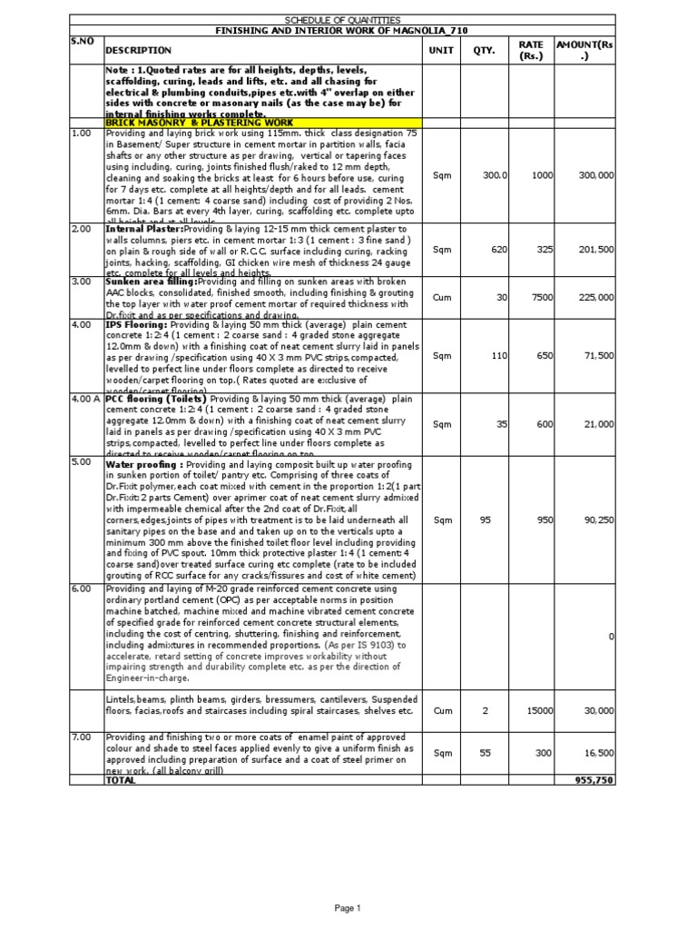 Brickwork Boq Format | PDF | Tile | Plaster