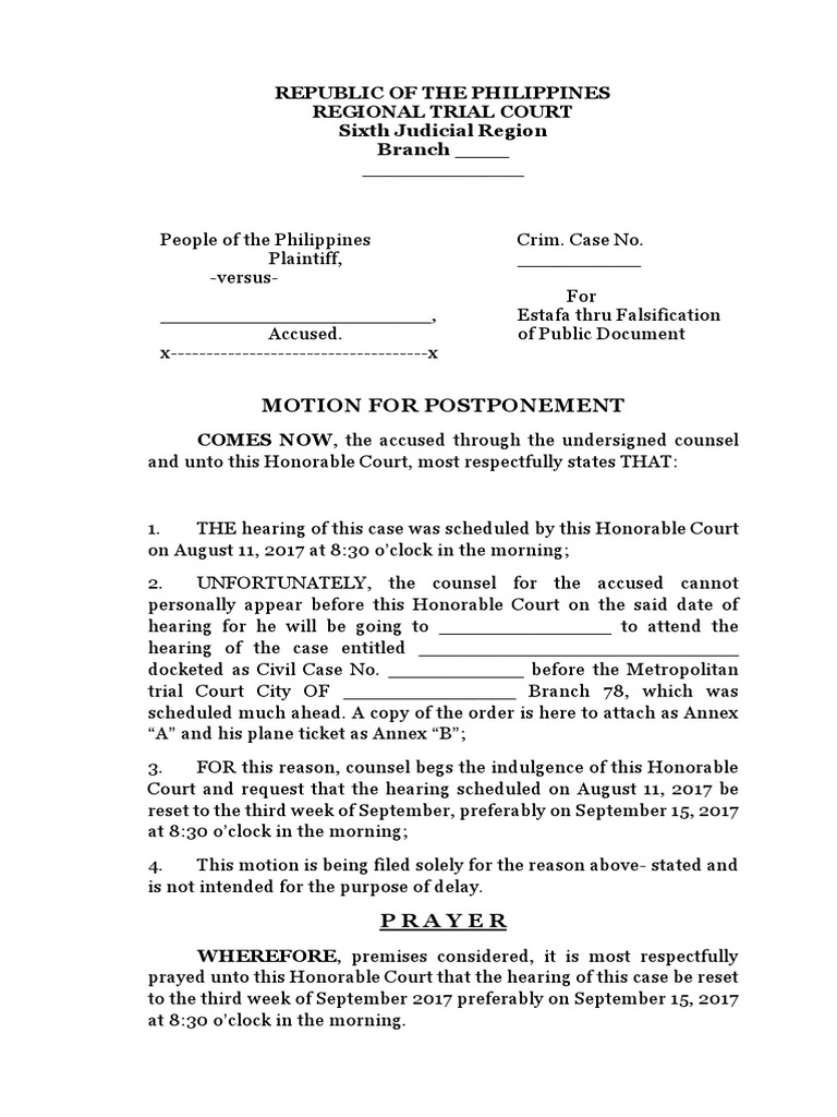 Sample MOTION FOR POSTPONEMENT | PDF | Legal Procedure | Separation Of Powers