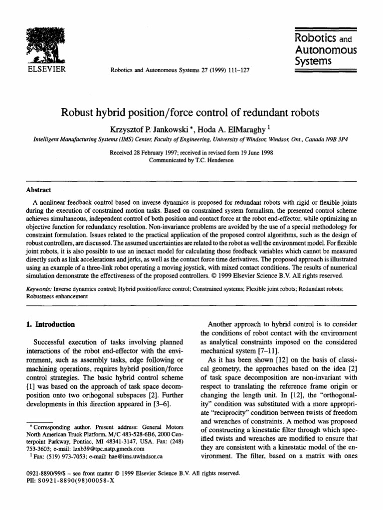Robust Hybrid Positionforce Control Of Redundant Robots 1999 Pdf Control Theory Kinematics 