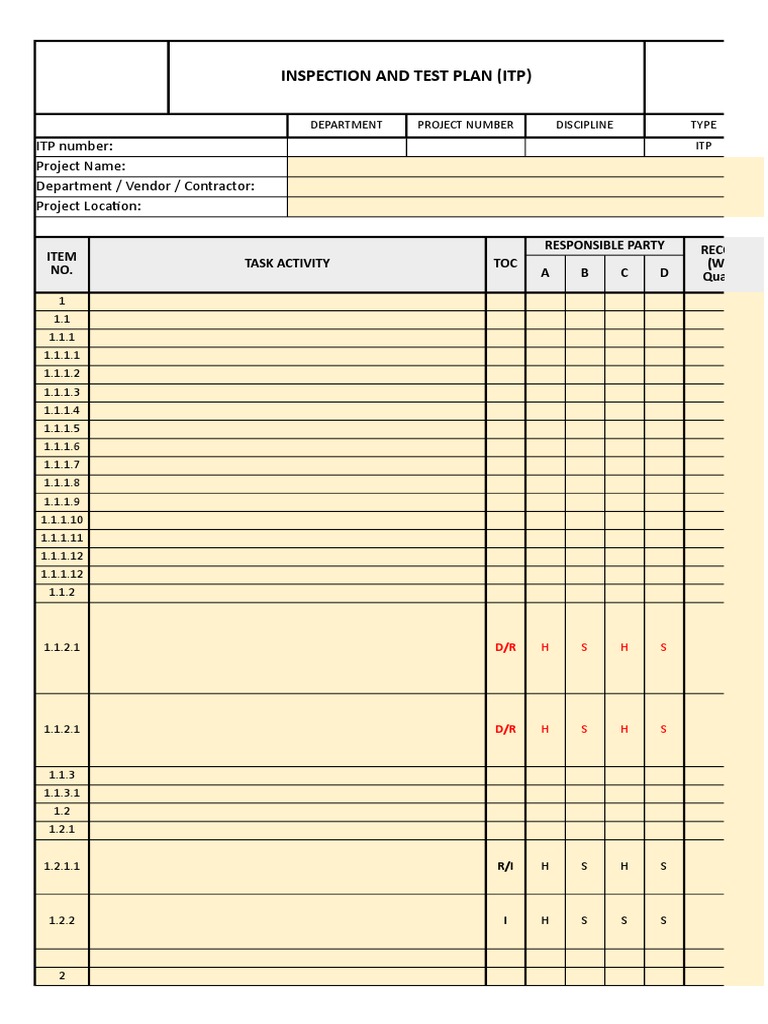 Inspection and Test Plan (Itp) : ITP Number: Project Name: Department ...
