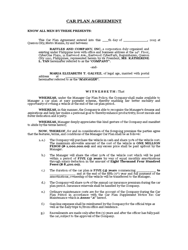 Manager Car Plan Agreement Philippines | PDF | Car | Amortization ...