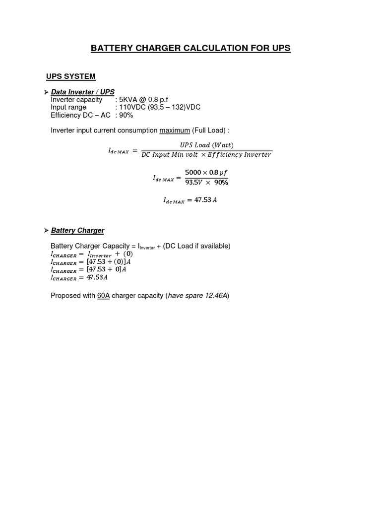 Battery Charger Calculation For Ups | PDF