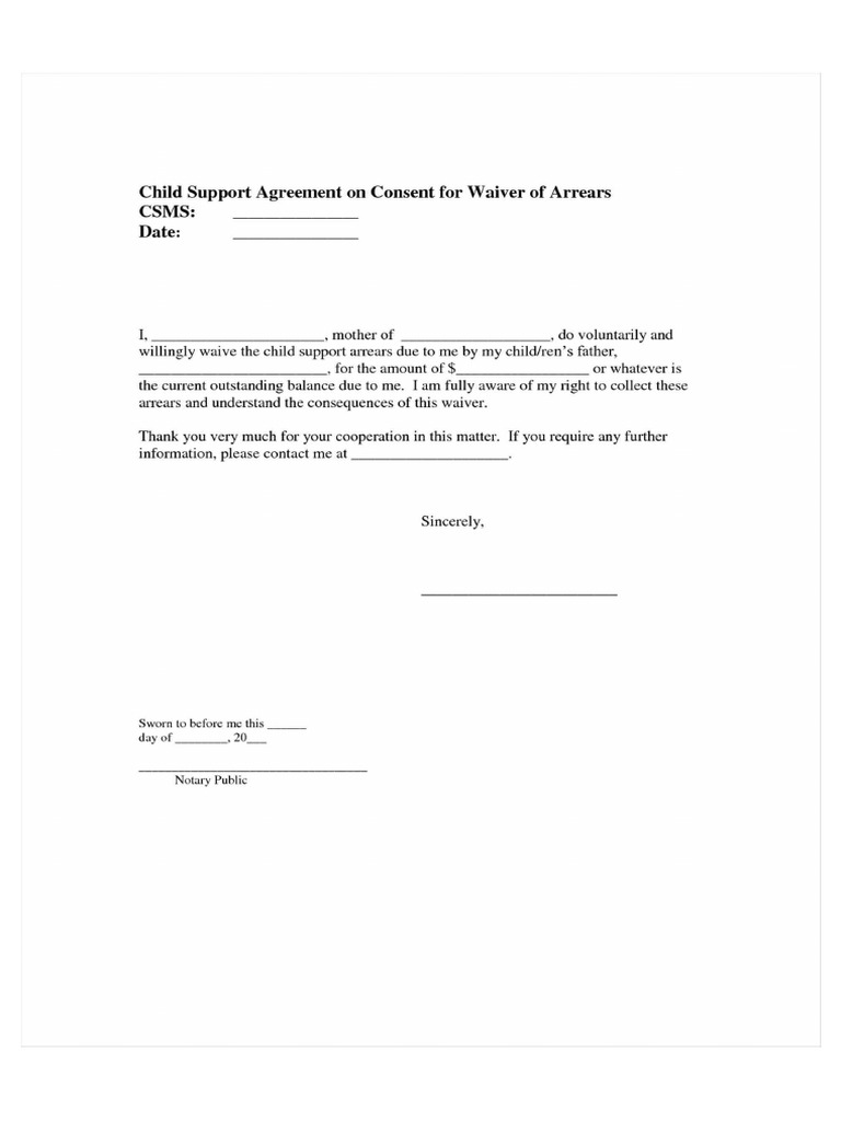 Child Support Agreement On Consent For Waiver of Arrears | PDF