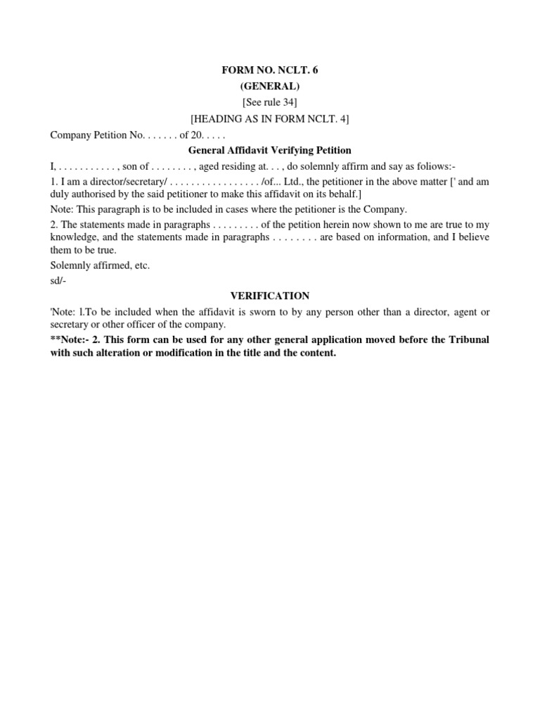 NCLT Form 6: General Affidavit Template | PDF