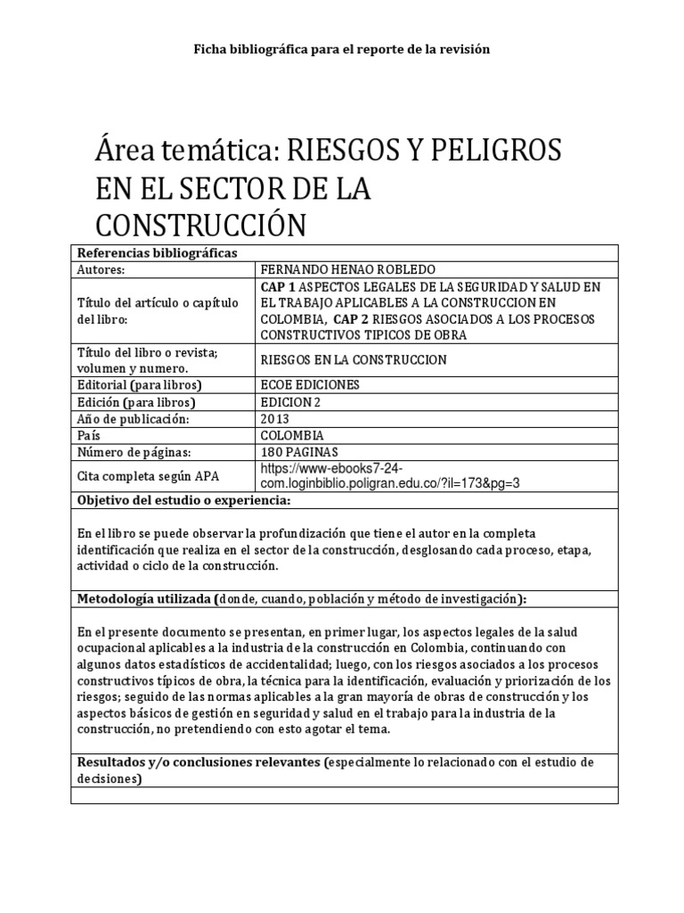 Ficha Libro Riesgos en La Construccion Fernando Henao Robledo | PDF ...