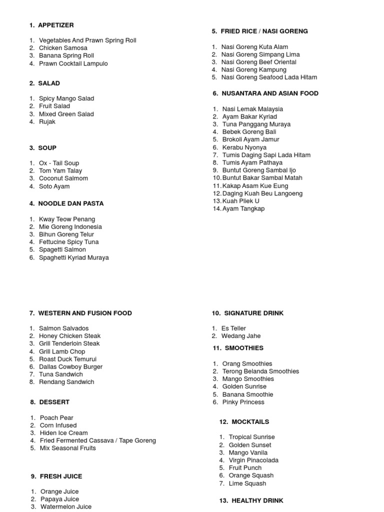 Diverse Menu: Appetizers to Desserts | PDF | Drink | Asian Cuisine