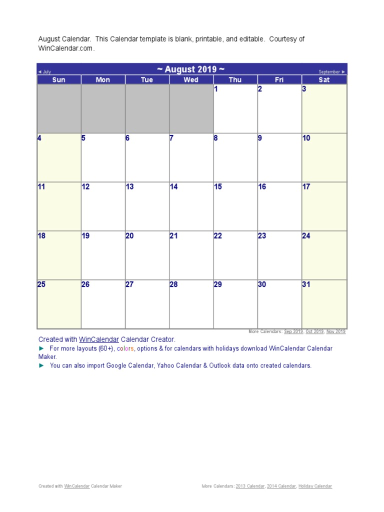 August 2019 Calendar | PDF