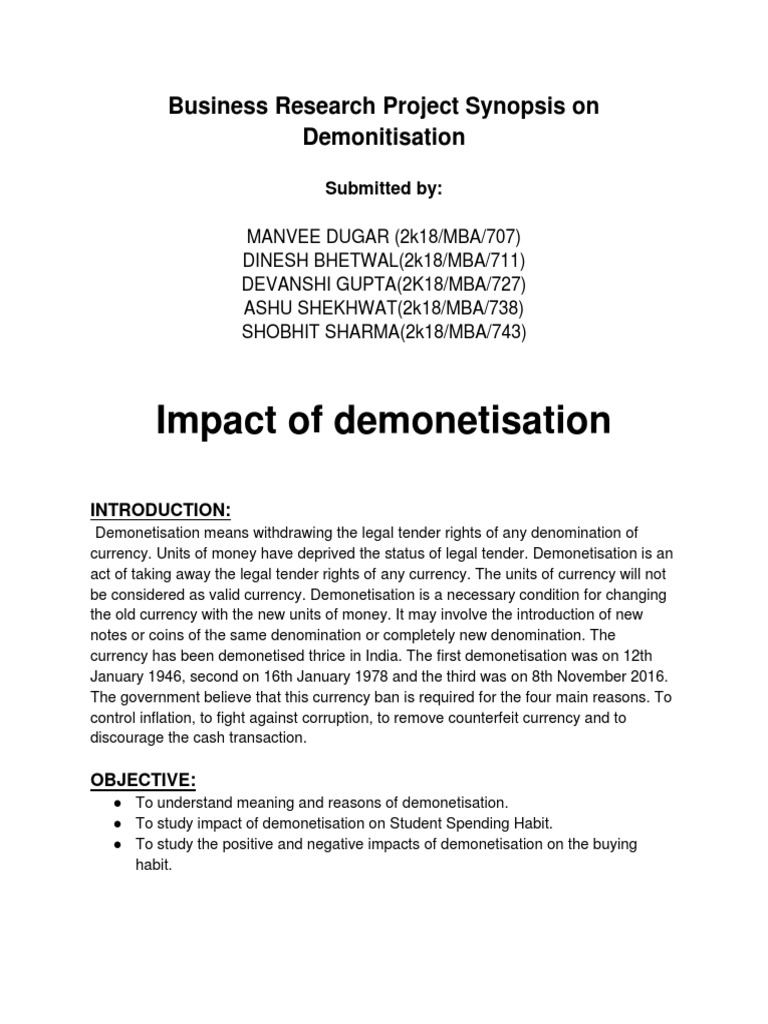 Impact of Demonetisation: Business Research Project Synopsis On ...