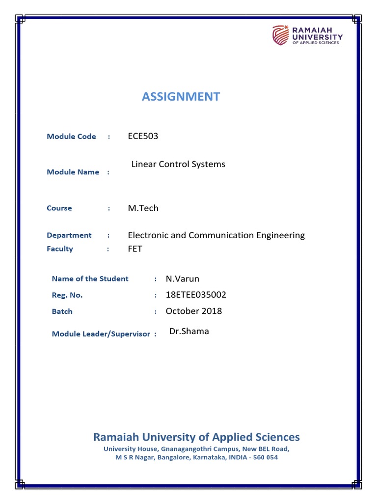 My Assignment - Varun.n - Linear Control Systems | PDF | Suspension (Vehicle) | Control Theory