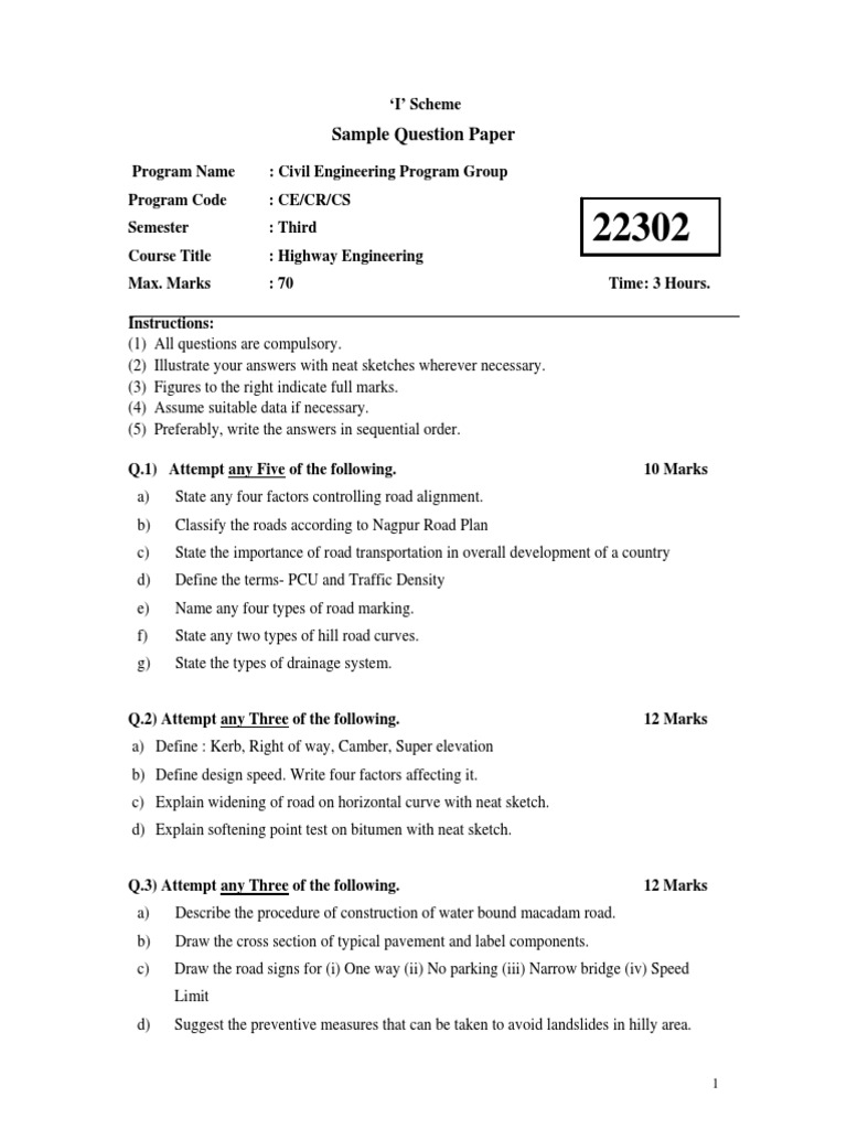 Sample Question Paper Highway Engineering | PDF | Road | Traffic