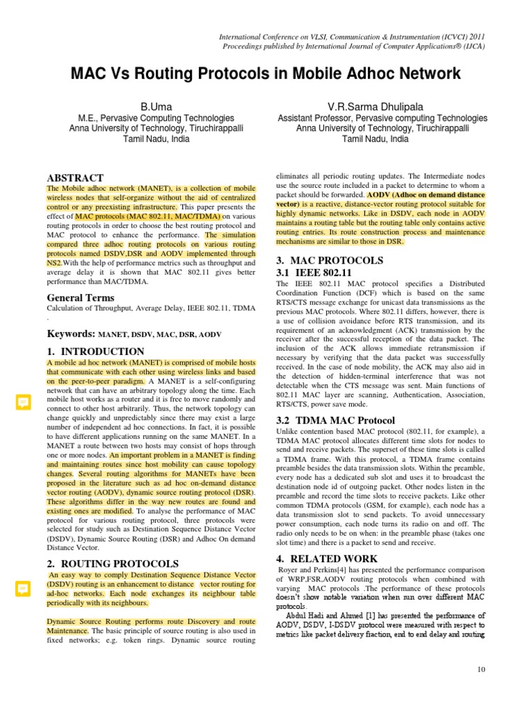 MAC Vs Routing Protocols in Mobile Adhoc | PDF | Wireless Ad Hoc ...