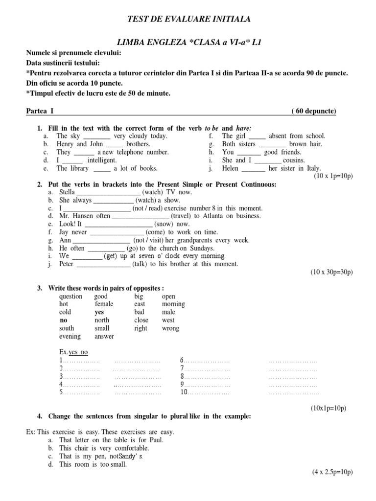 Test de Evaluare Initiala Limba Engleza Clasa A Vi-A L1 | PDF ...
