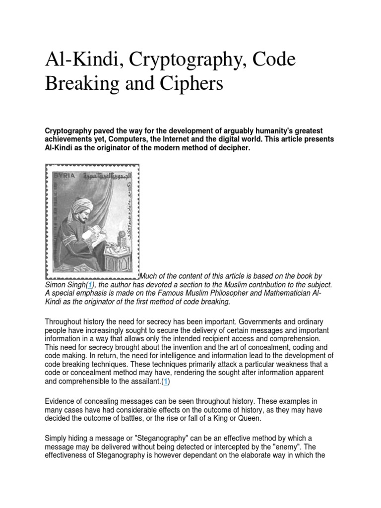 Al Kindi (Arab Code Breaker) | PDF | Cryptanalysis | Espionage Techniques