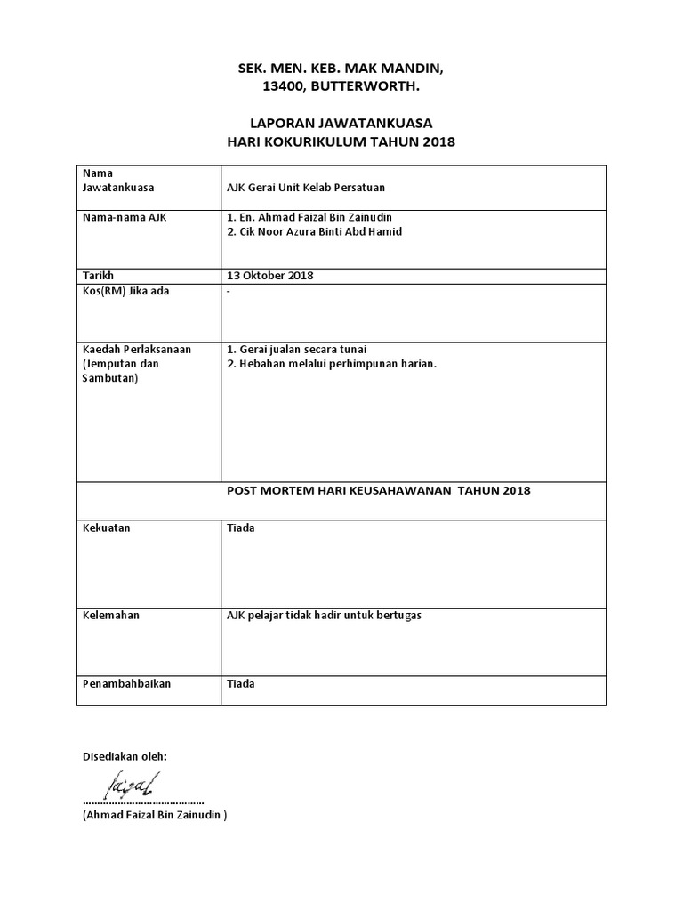 Format Laporan Dokumentasi Hari Koku smkmm2018 | PDF