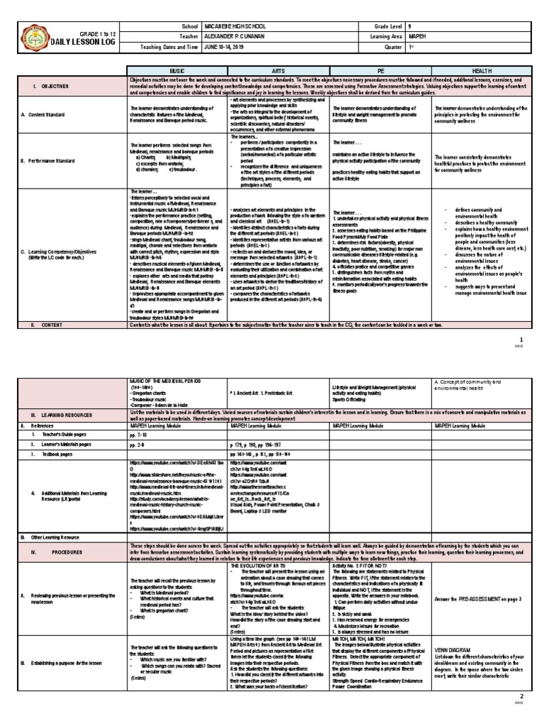 Dll mapeh | Learning | Teachers