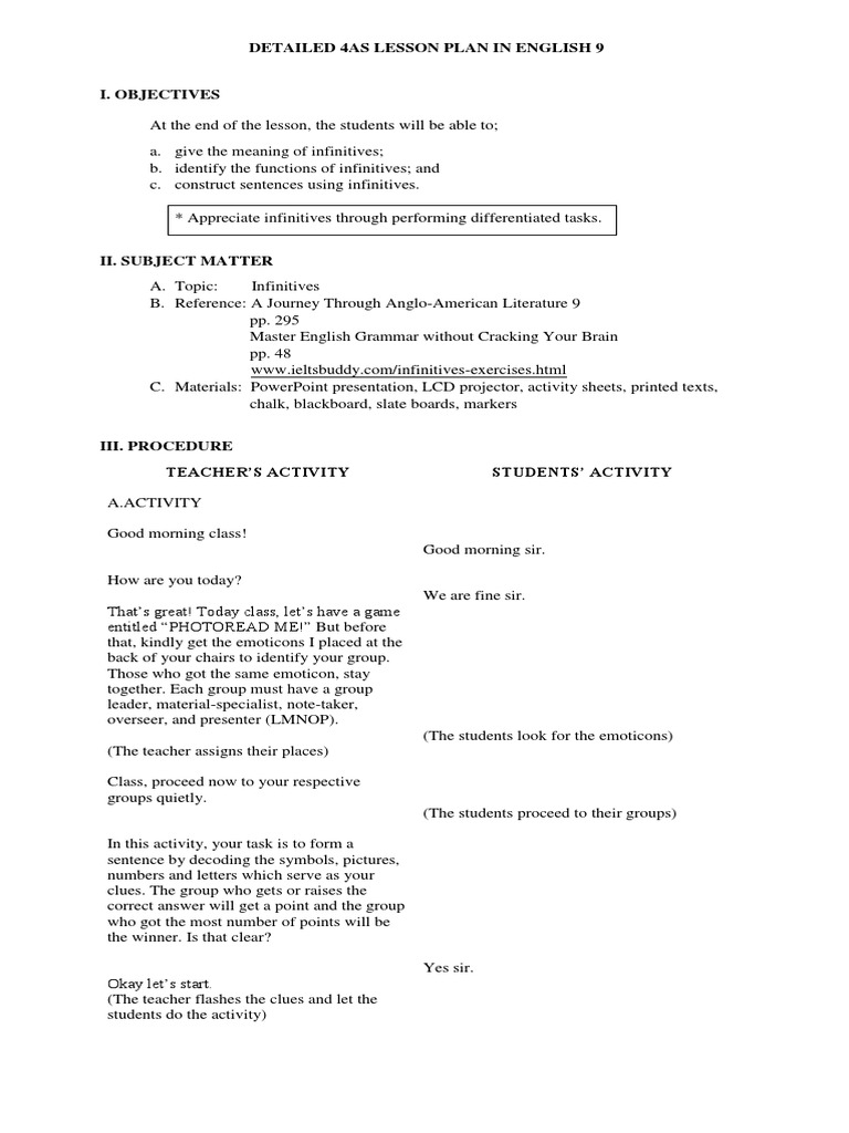 Infinitives Lesson Plan for Grade 9 | PDF | Subject (Grammar) | Object ...