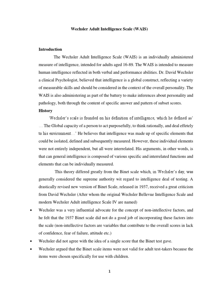 Wais | PDF | Wechsler Adult Intelligence Scale | Intelligence Quotient