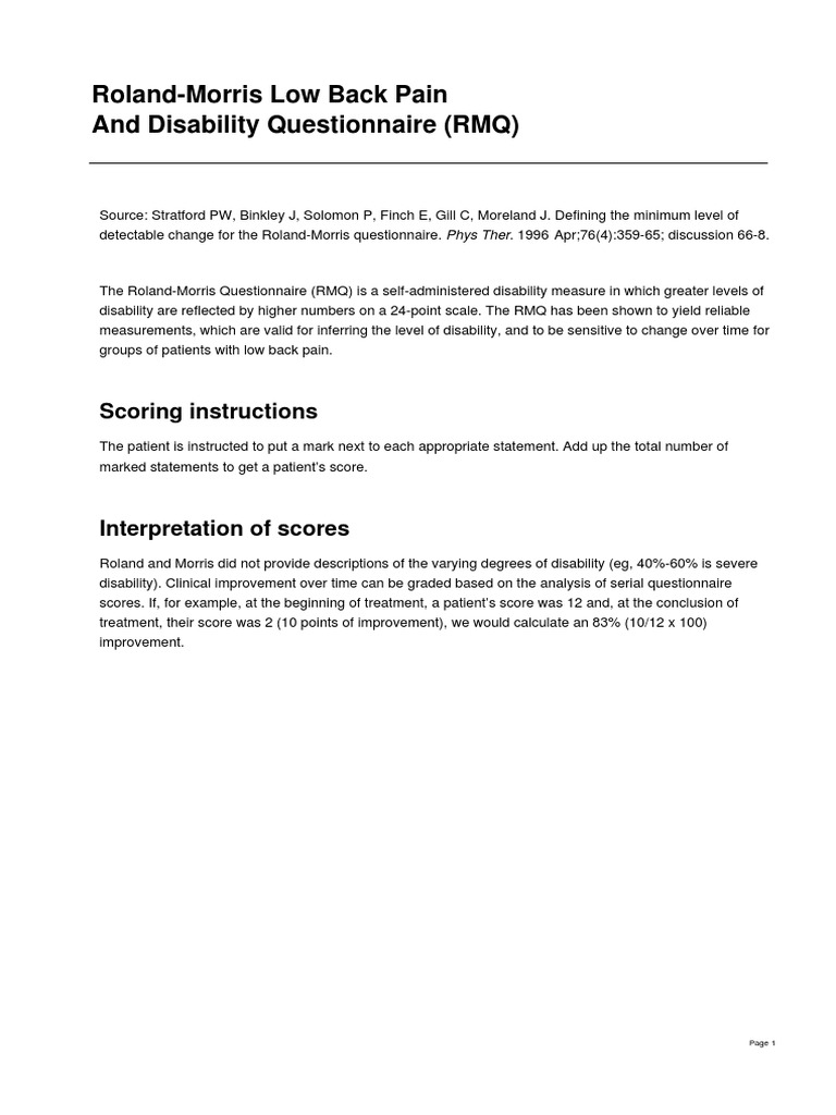 Roland-Morris Low Back Pain Questionnaire | PDF | Neuroscience | Medicine