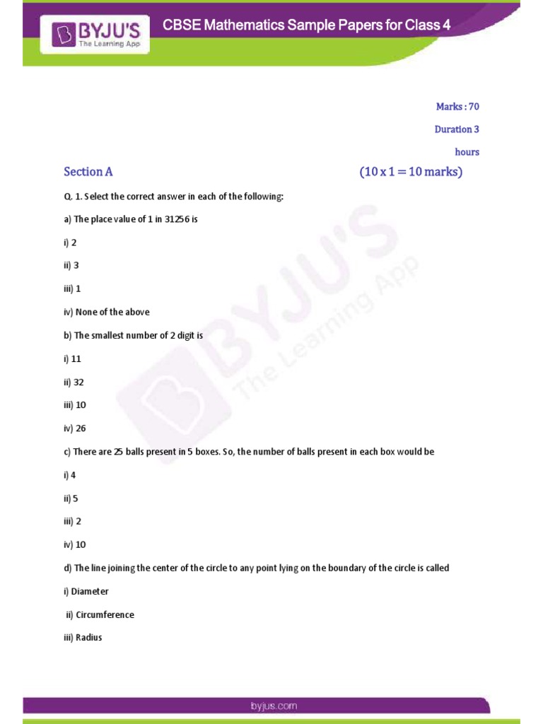 CBSE Sample Paper For Class 4 Maths Er | PDF | Elementary Mathematics ...