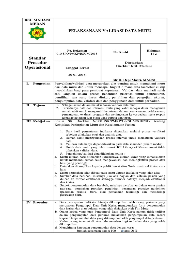 Sop Pelaksanaan Validasi Data Mutu | PDF