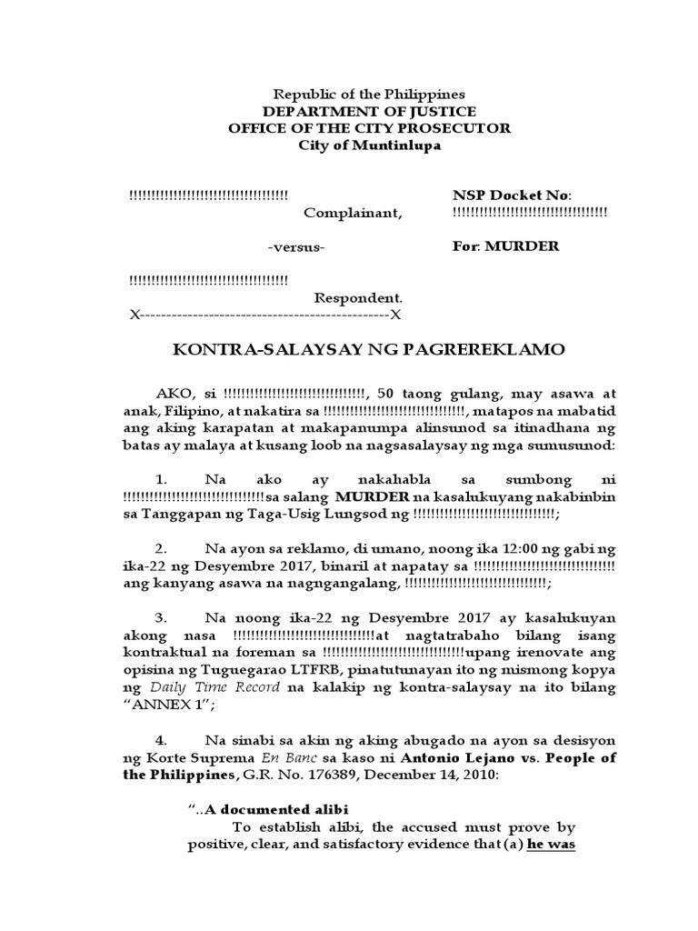 Counter Affidavit For Murder Tagalog | PDF