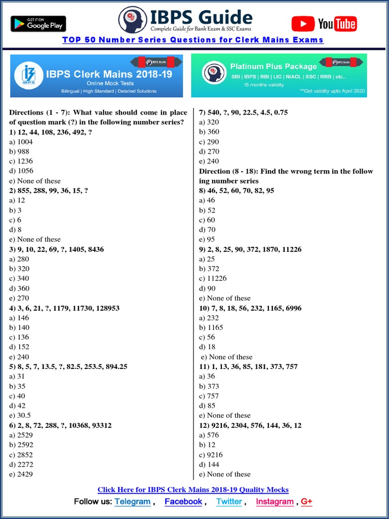 TOP 50 Number Series Questions For IBPS Clerk Mains 2018-19 WWW ...