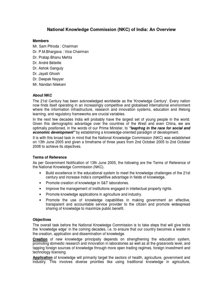 National Knowledge Commission Overview PDF | PDF | Economic Development ...