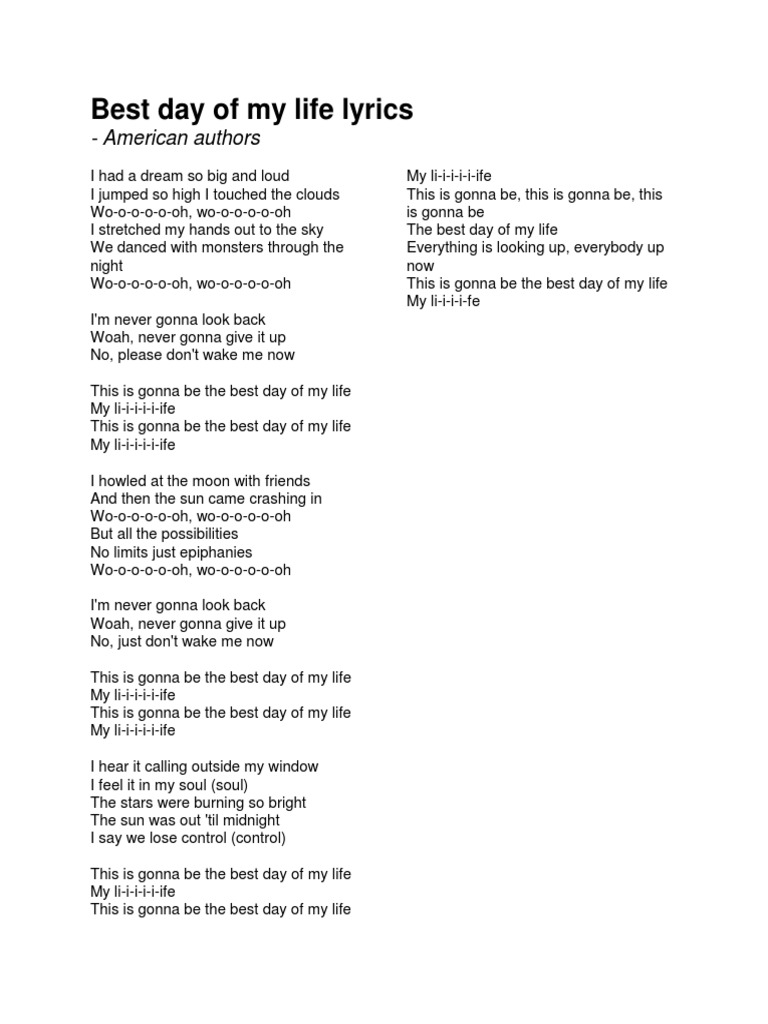 Best Day of My Life Lyrics | PDF | Language Arts & Discipline | Poetry