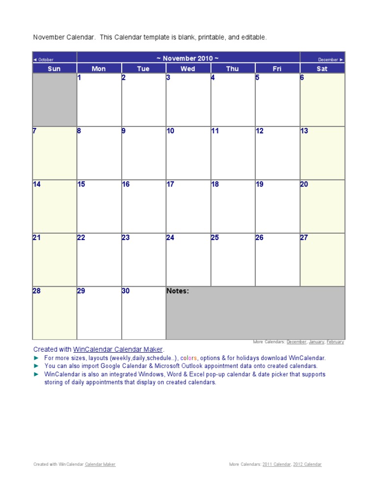 November 2010 Blank Calendar Template | PDF