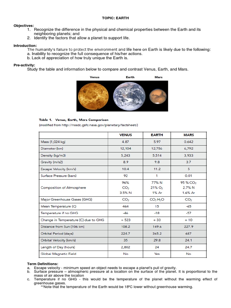 Activity: Comparison of Mars, Venus and Earth | PDF | Atmosphere | Earth