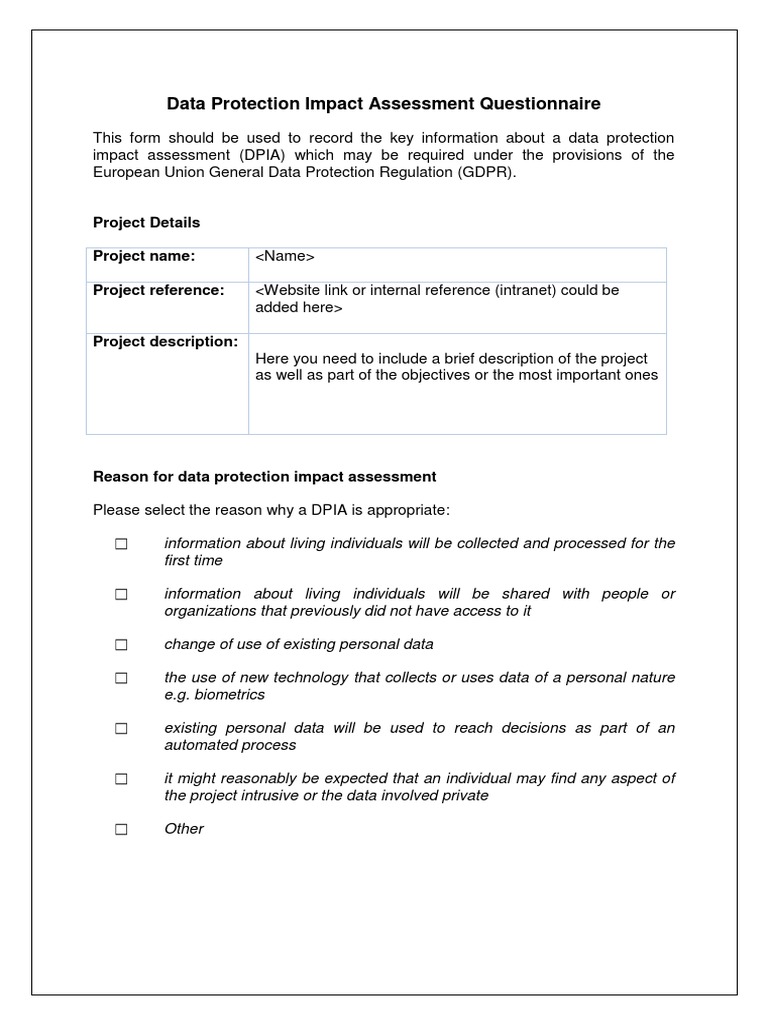 Defradar - Data Protection Impact Assessment Questionnaire | PDF ...