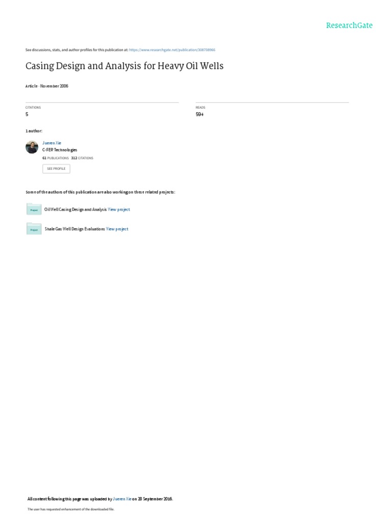 Casing Design and Analysis For Heavy Oil Wells: November 2006 | PDF ...