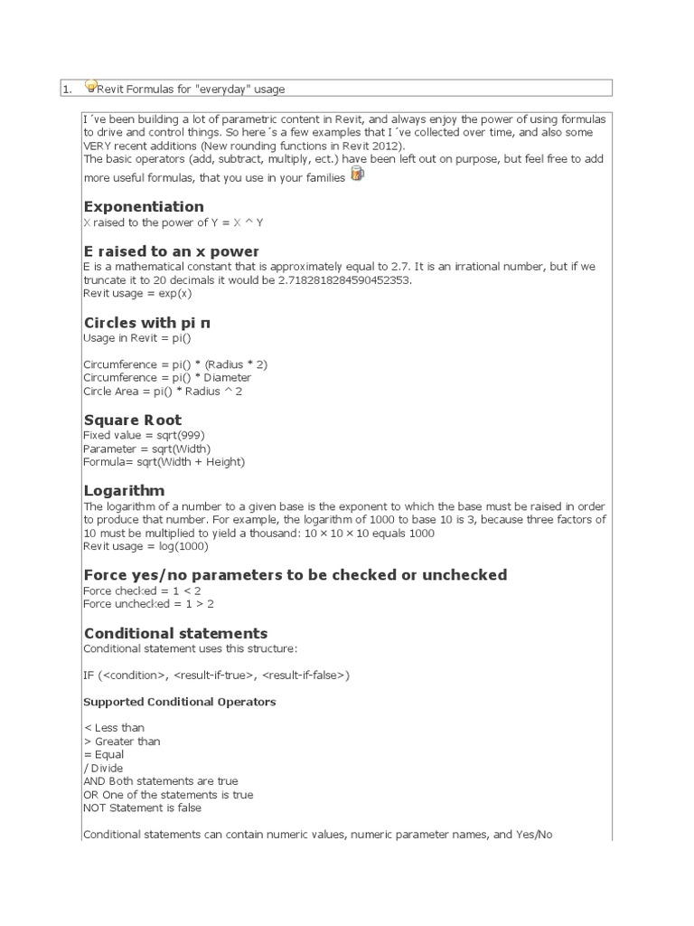 Revit Formulas | PDF | Exponentiation | Pi