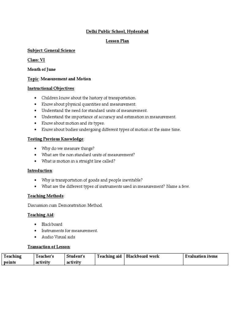 Class 6 Lesson Plan: Motion & Measurement | PDF | Length ...