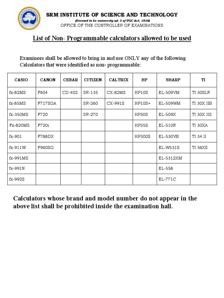 List of Non-Programmable Calculators Allowed To Be Used | PDF