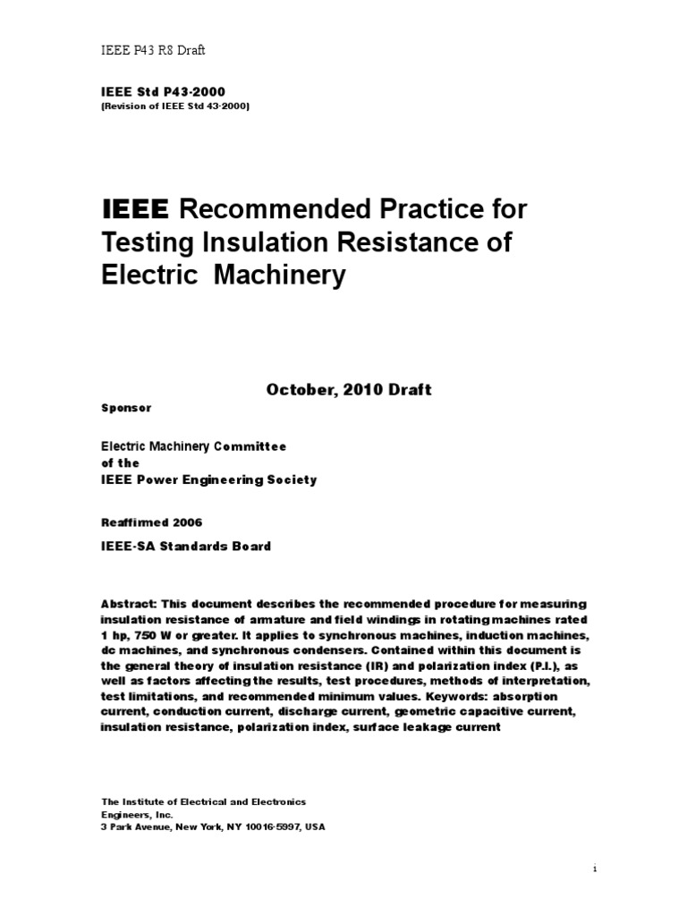 IEEE STD 43-2010 Recommended Practice For Testing Insulation Resistance ...