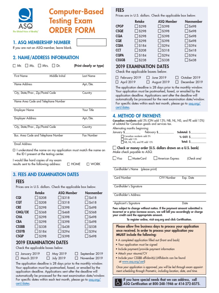 Computer-Based Testing Exam Order Form: 1. Asq Membership Number 2 ...