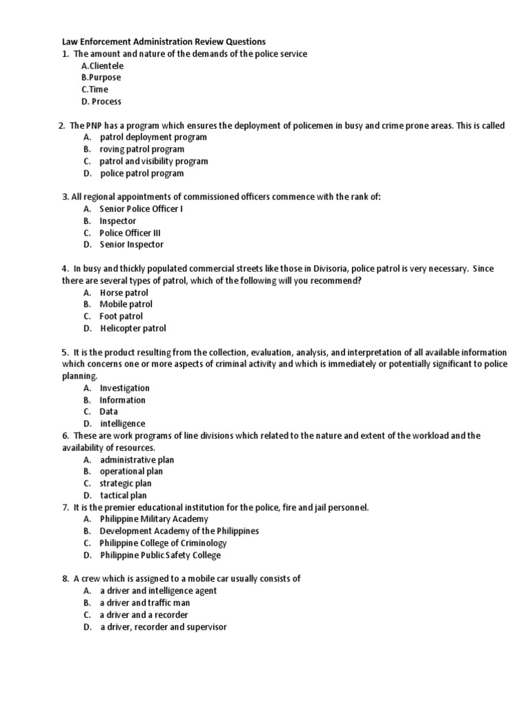 Law Enforcement Administration Review Questions | PDF | Classified ...