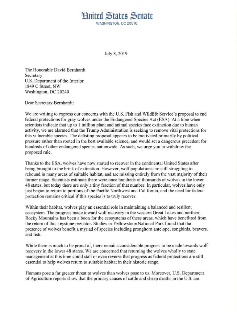 Letter To Secretary Bernhardt On Wolf Delisting | PDF