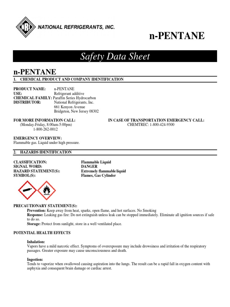 Safety Data Sheet for n-Pentane: A Concise Summary of Hazards ...