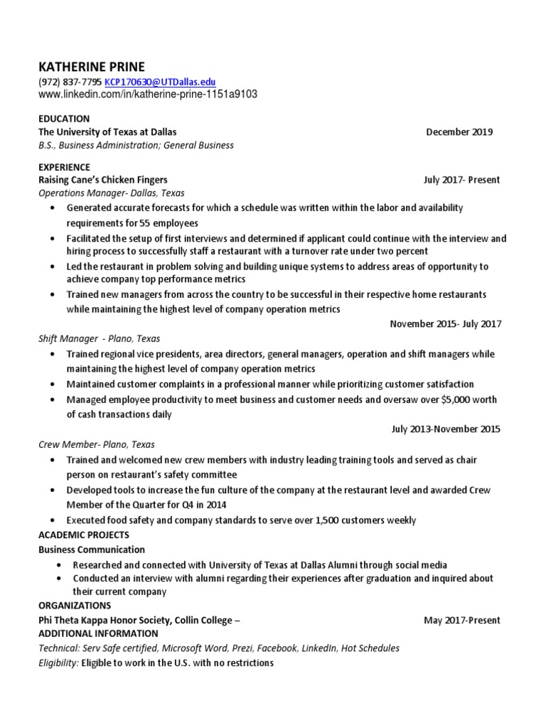 Jsom Undergraduate Resume Katherine Prine | PDF | Texas | Operations Management